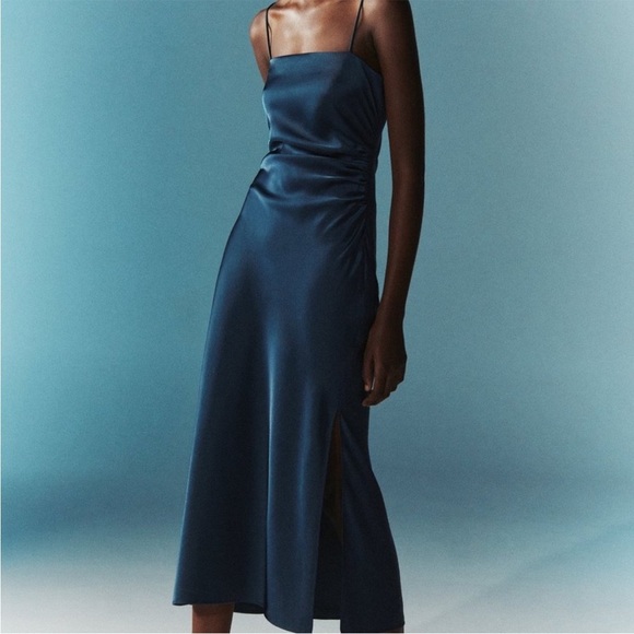 Zara | Dresses | Zara Midnight Blue Satin Midi Dress | Poshmark